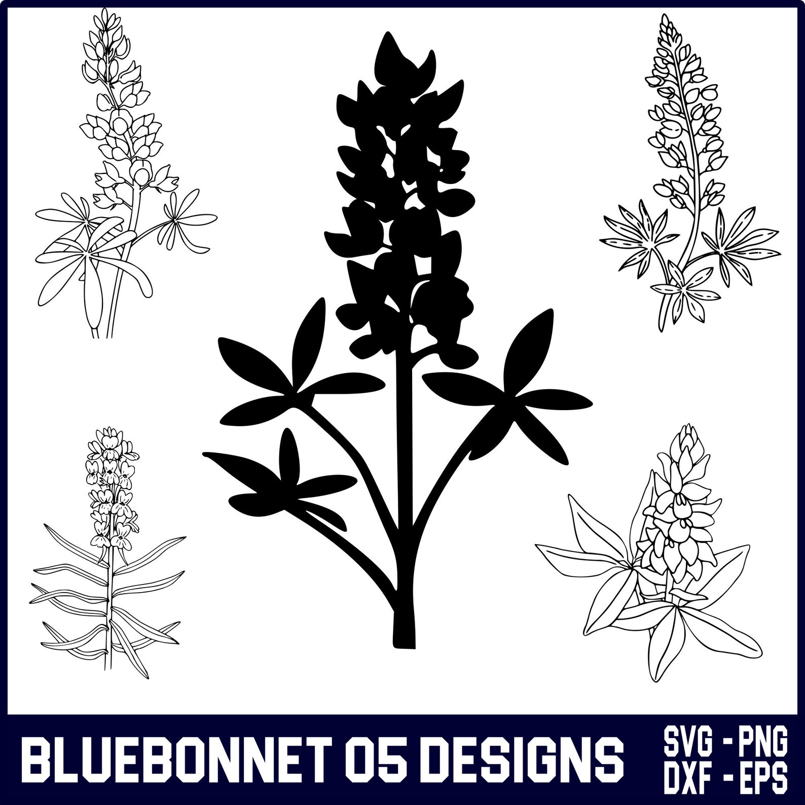 Bluebonnet Svg Clipart for Cricut Lupine Vector Black and White ...