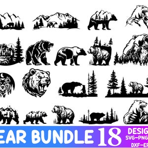 Bear SVG Bundle, Mountains Pine Trees Grizzly Bear SVG, Mama Bear Silhouette, Snowy Winter Scene ...