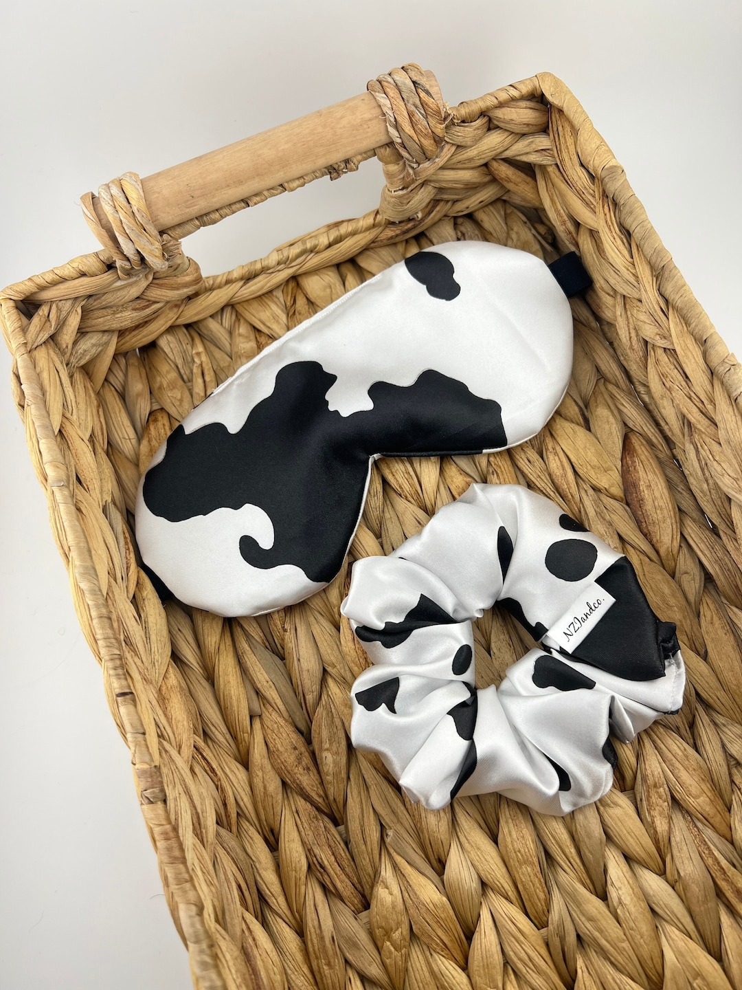 Cow Print Hair Scrunchies and Eye Mask Set Black and White Anti Freeze ...