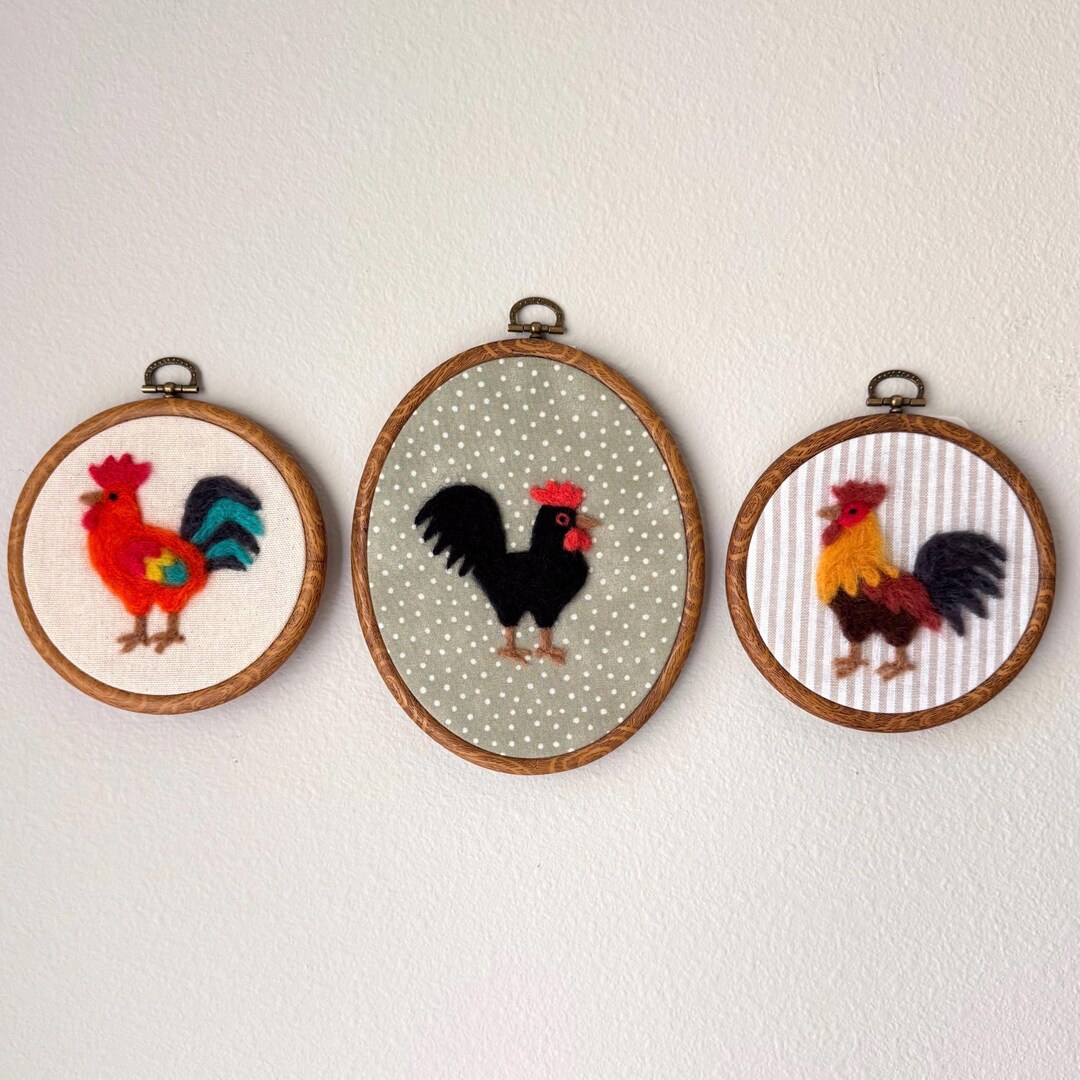 Felted Rooster Wall Art – Wool Animal Embroidery Hoop, Farmhouse ...