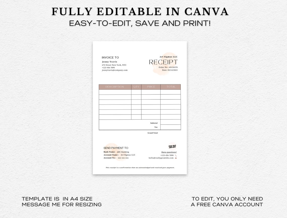 Fillable Receipt Template Printable Billing Order PDF Business Invoice ...