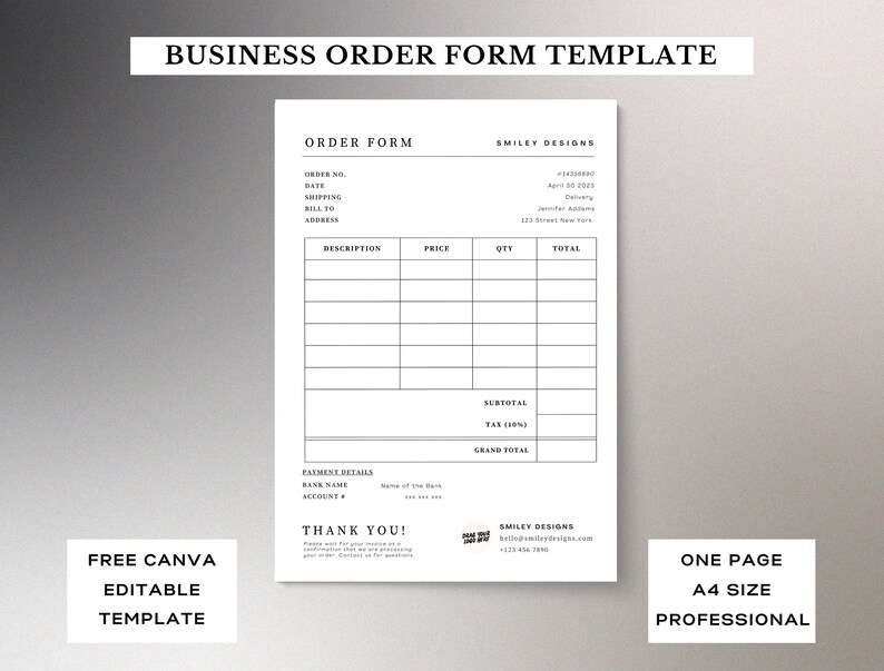 Order Form Template Editable Small Business Printable Purchase Forms ...