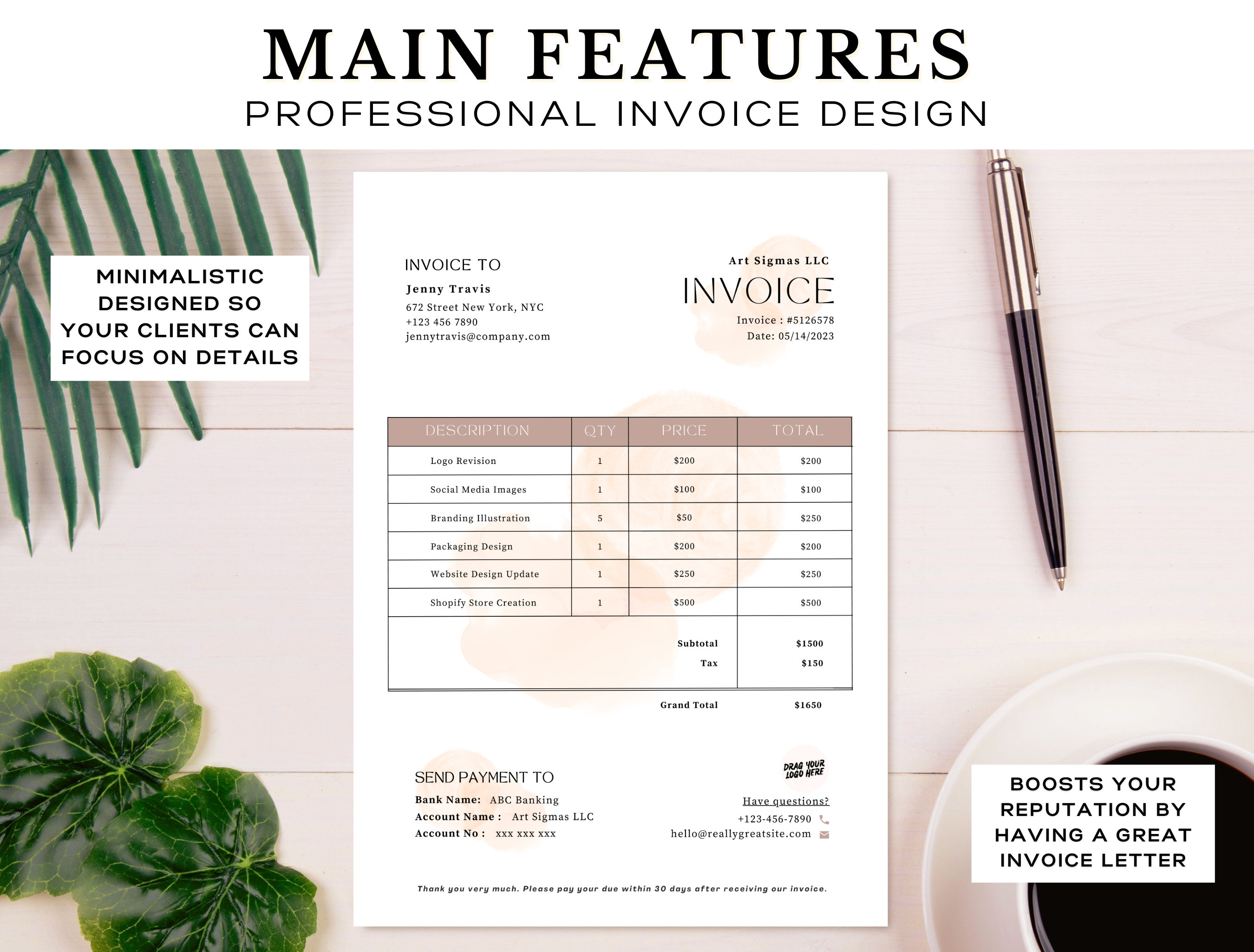 Invoice Template Canva Fully Editable Printable Receipt Business ...