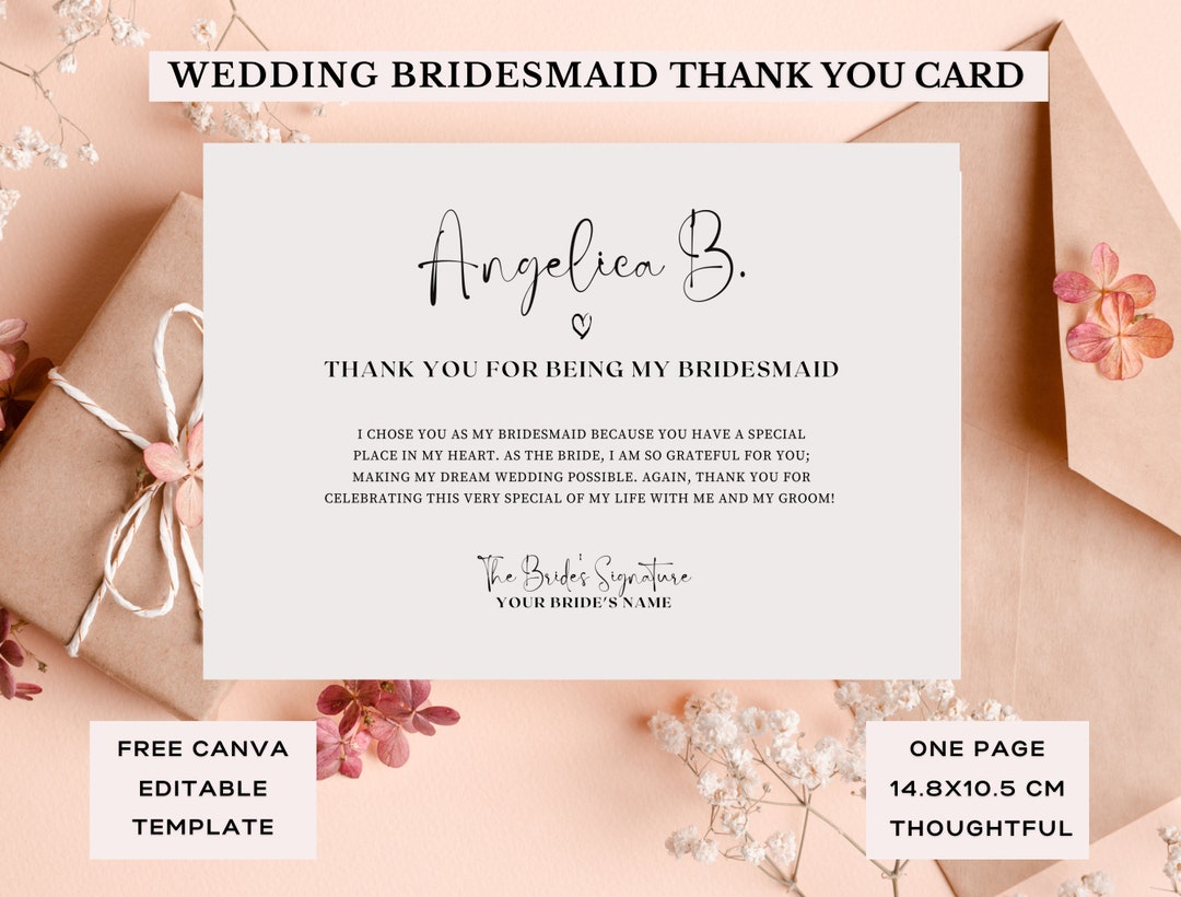 Bridesmaid Thank You Card Editable Bridesmaid T Box Inserts Thank You For Being My Bridesmaid