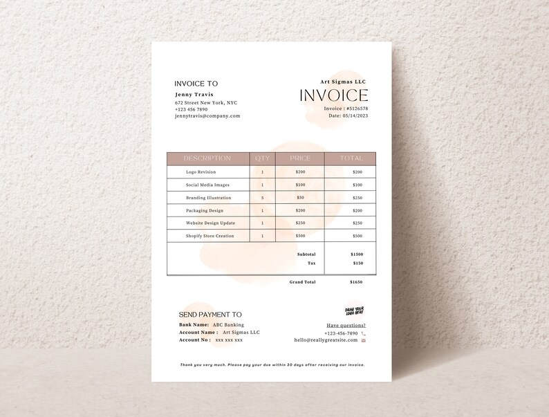 Invoice Template Canva Fully Editable Printable Receipt Business Invoices Form for Services ...