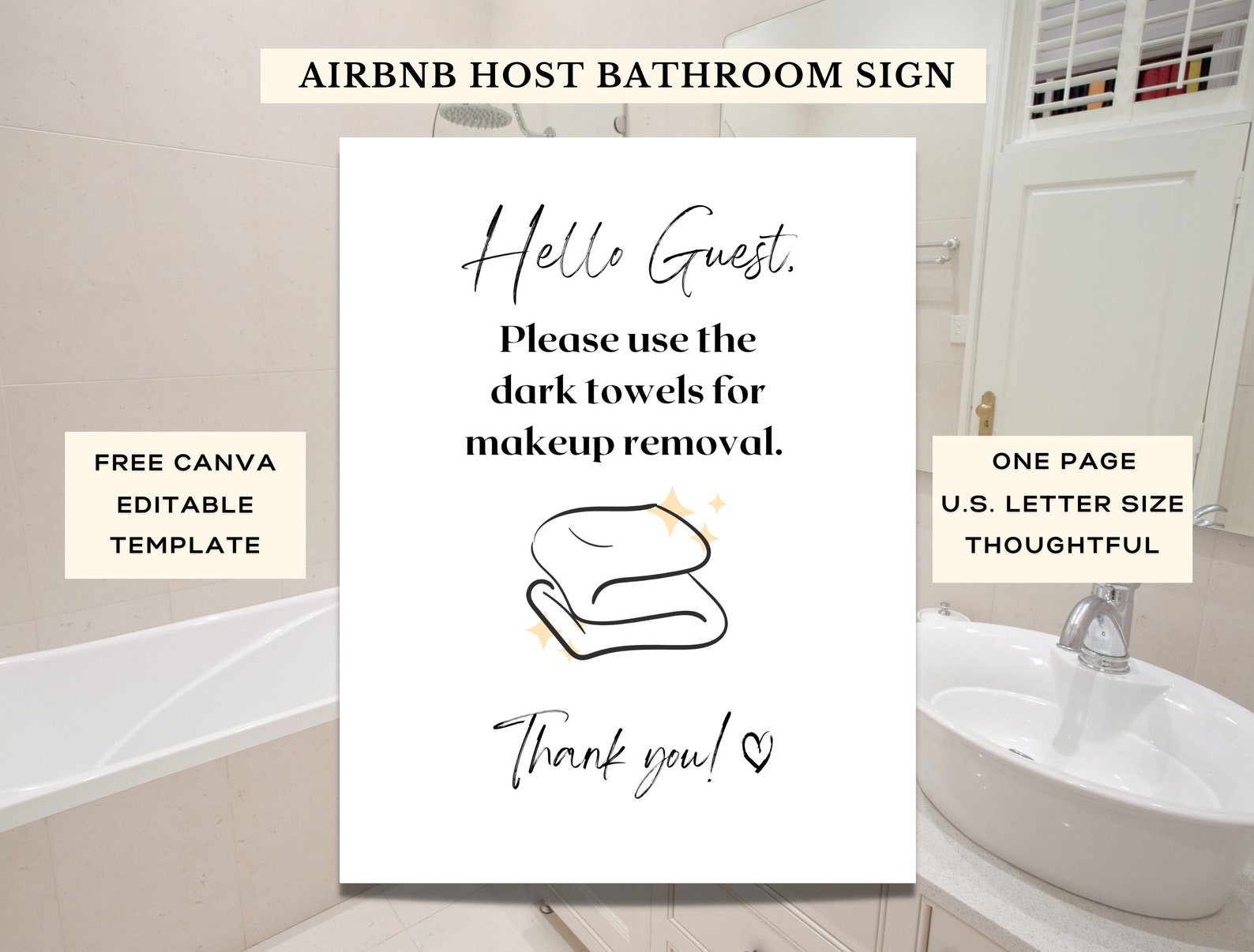 Airbnb Sign Makeup Removal Towel Template Airbnb Bathroom Sign for Wall ...
