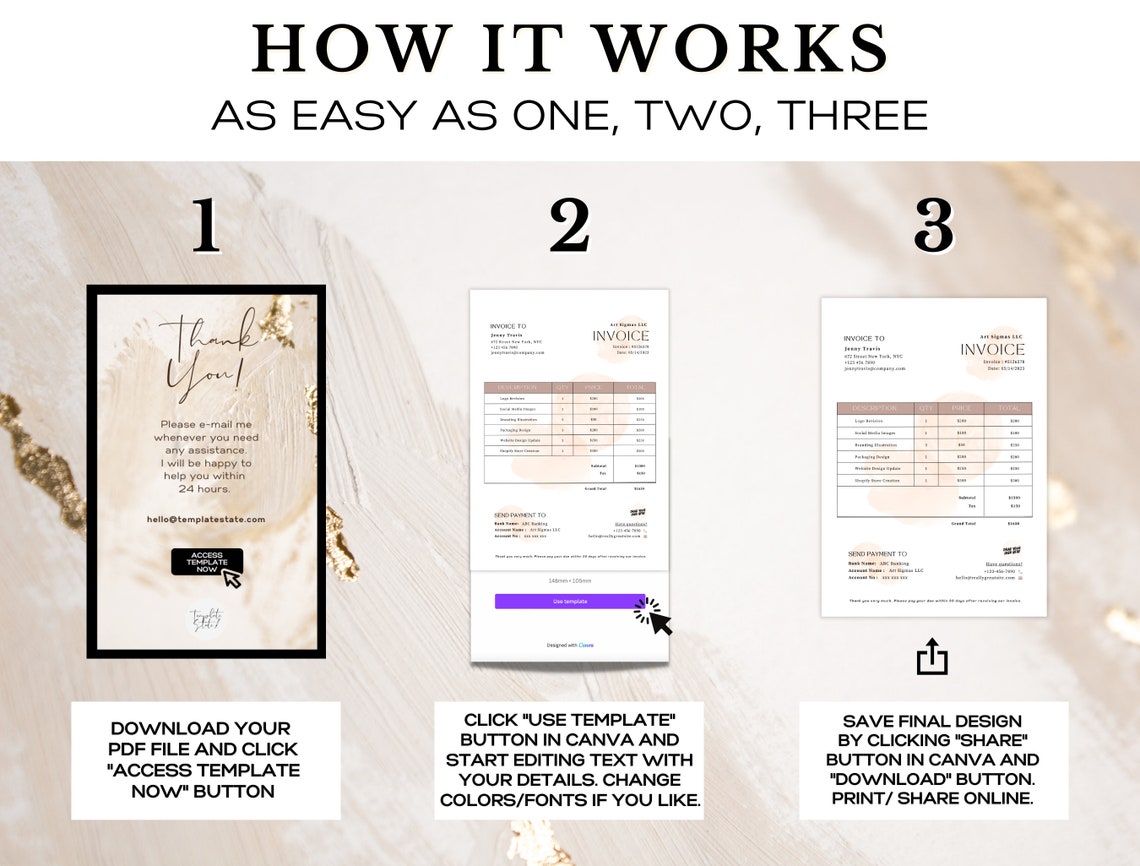 Invoice Template Canva Fully Editable Printable Receipt Business ...