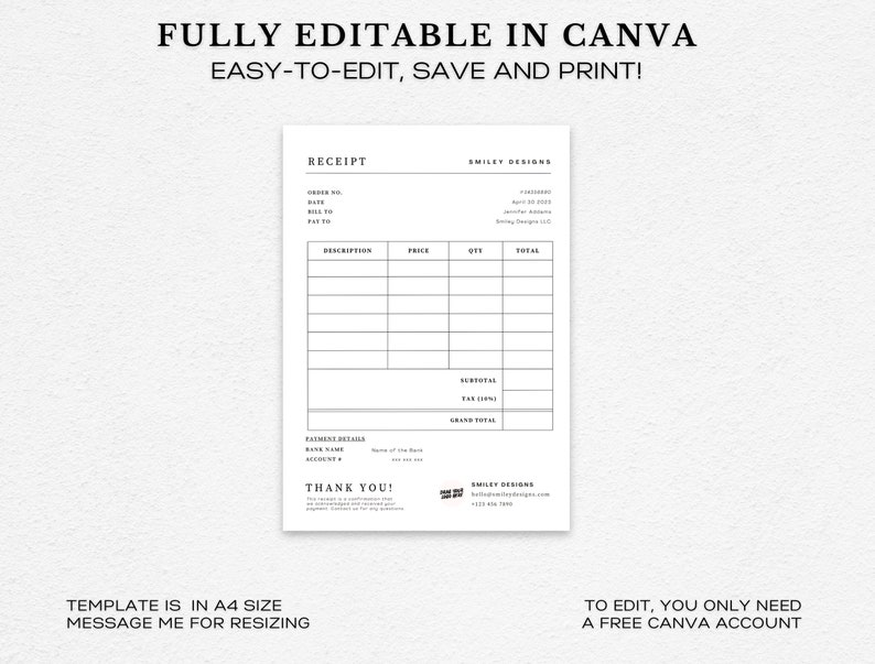 Fillable Receipt Template | Printable Billing Order PDF | Business ...