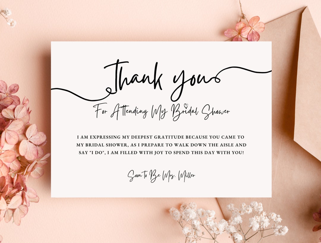 Bridal Shower Thank You Card Modern Minimalist Bridal Shower Gift Inserts Wedding Shower ...