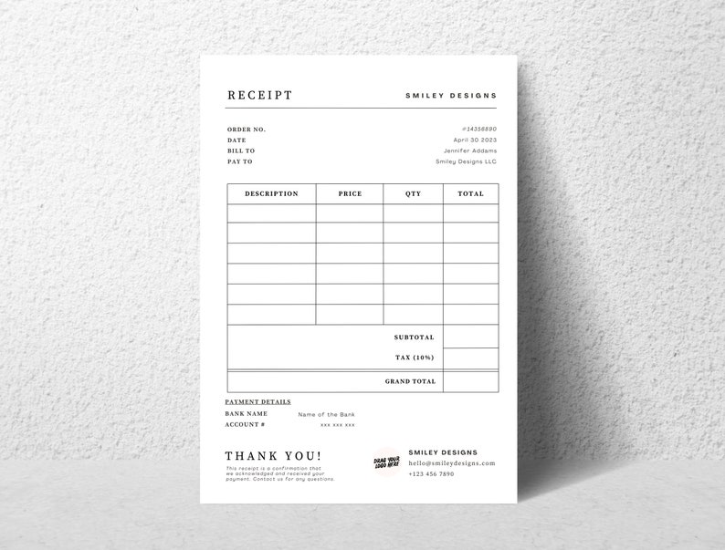 Fillable Receipt Template Printable Billing Order PDF - Etsy