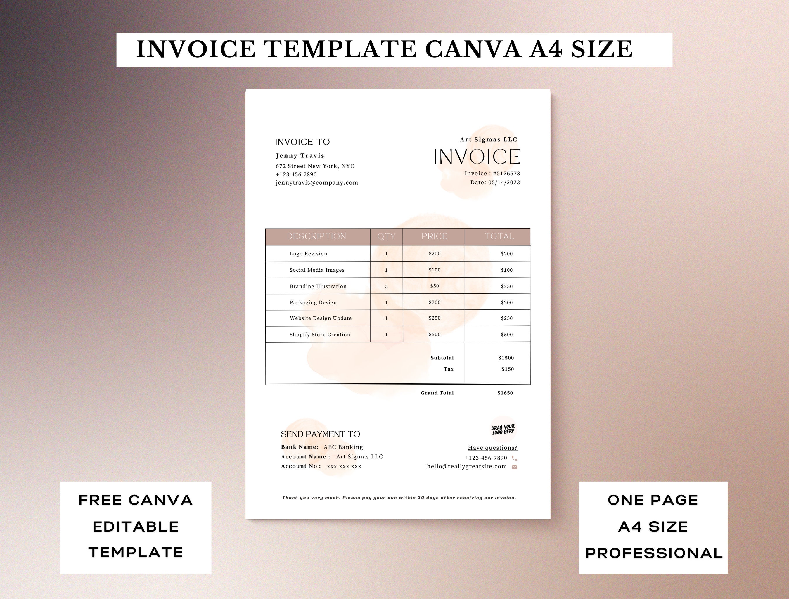 Invoice Template Canva Fully Editable Printable Receipt Business ...
