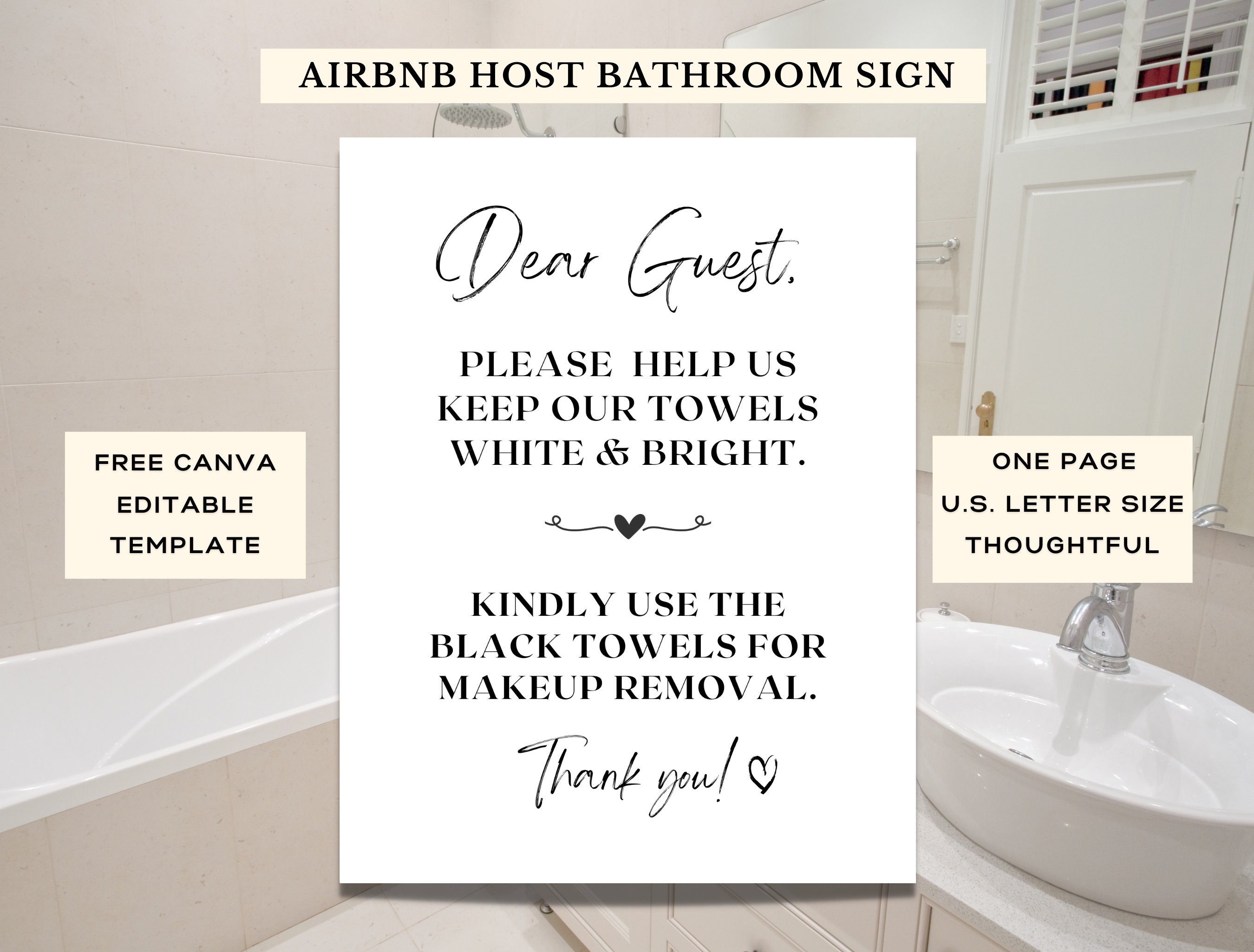 Airbnb Sign Makeup Removal Towel Template Airbnb Bathroom Sign for Wall ...