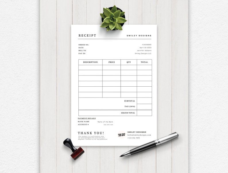 Fillable Receipt Template | Printable Billing Order PDF | Business ...