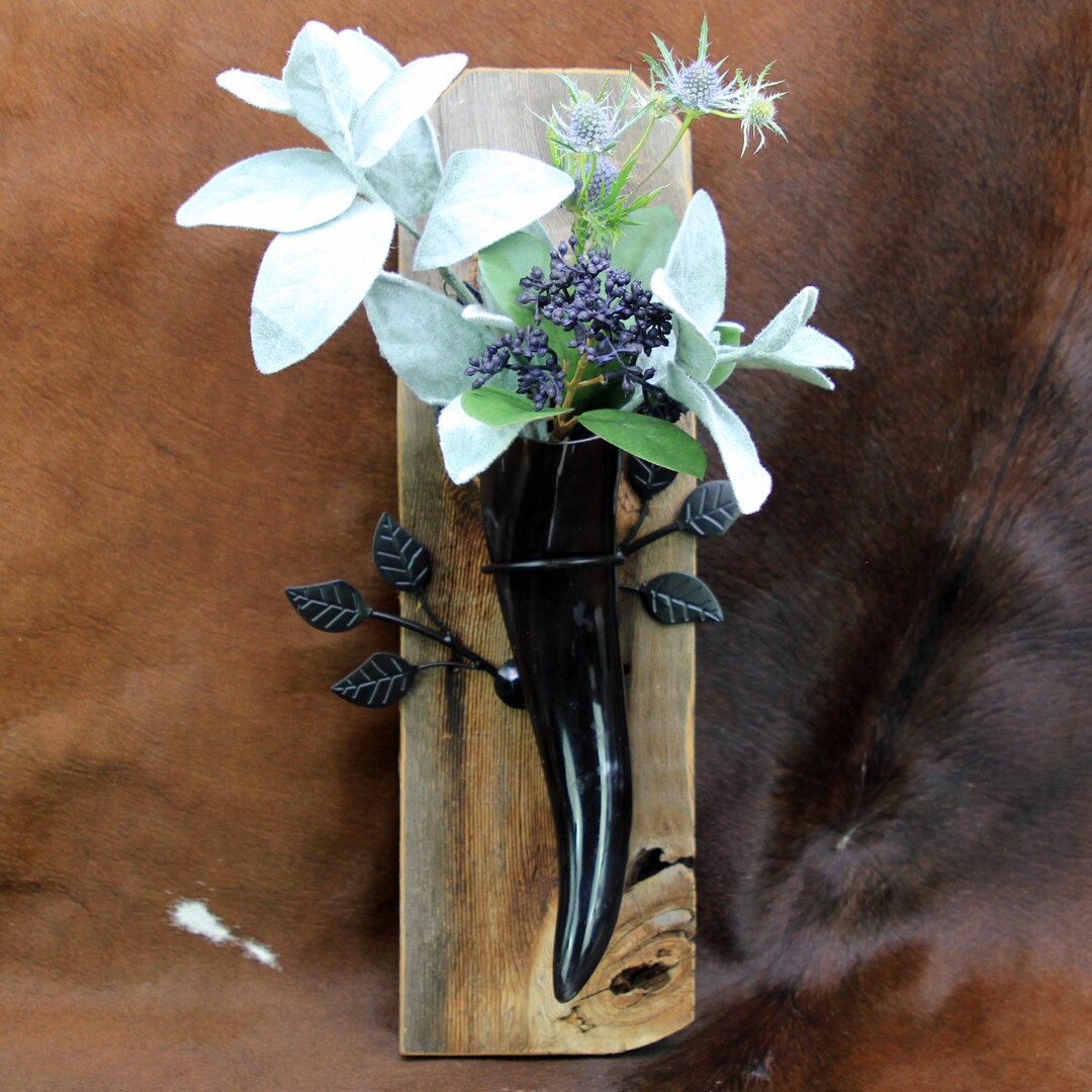 Rustic Wall Vase - Genuine Buffalo Horn & Aged Barnwood, Unique Flower ...