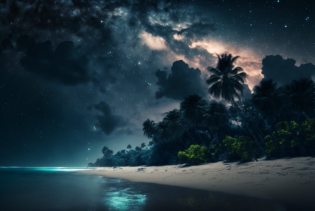 Celestial Tropical Beach at Night - Digital Art Print, AI Generated ...