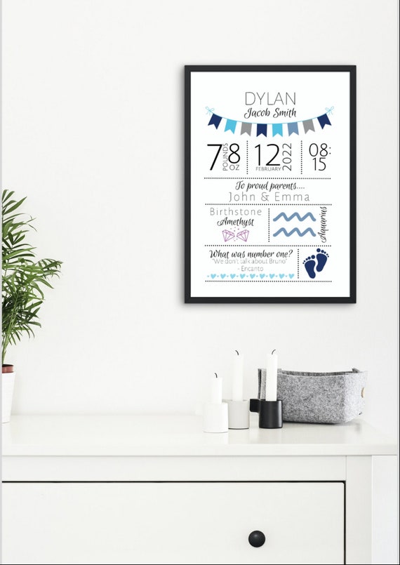 Art & Collectibles Prints A3 Personalised Baby Boy Birth Information ...
