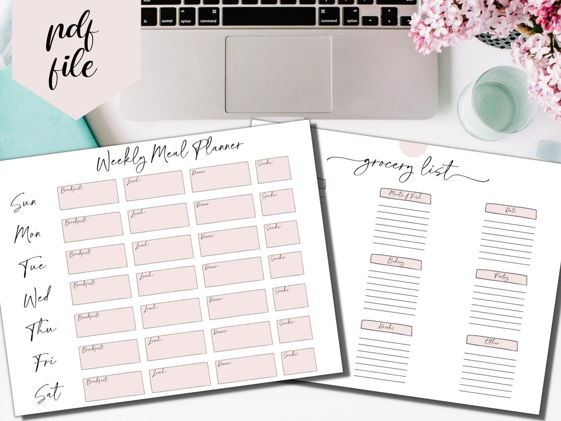 Weekly Meal Planner & Grocery List Printable Digital Download PDF File ...