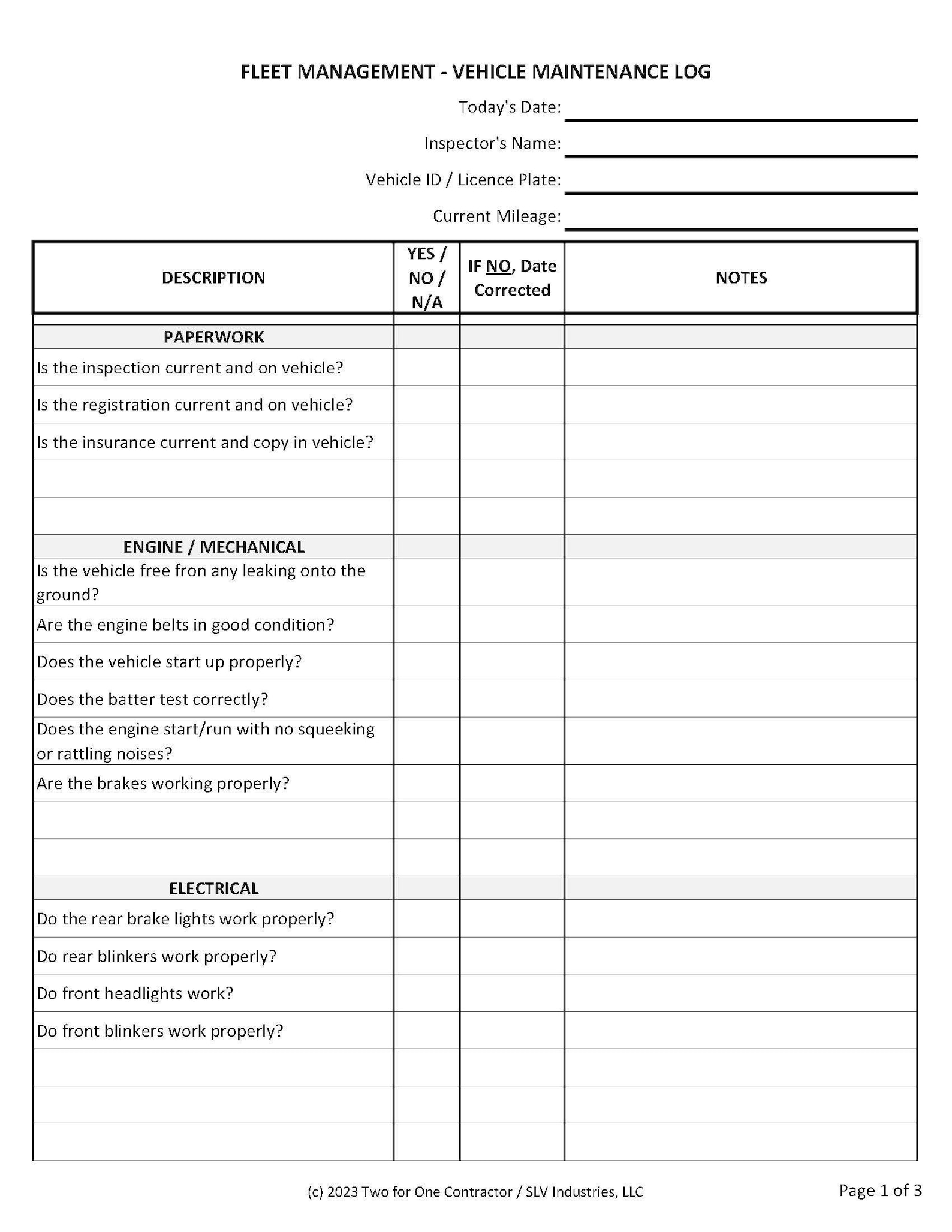 Printable Fleet Management Vehicle Maintenance Log. Construction Truck ...