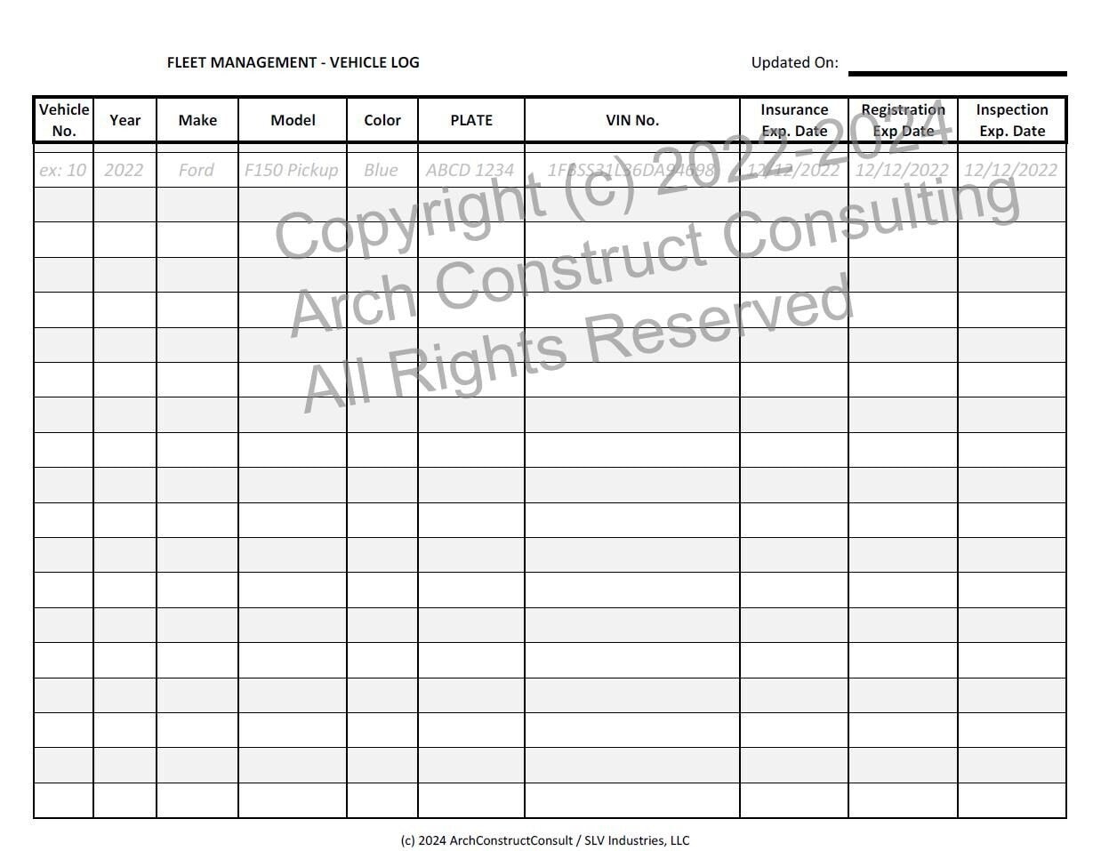 Printable Fleet Management - Vehicle ID Log for Construction Trucks ...