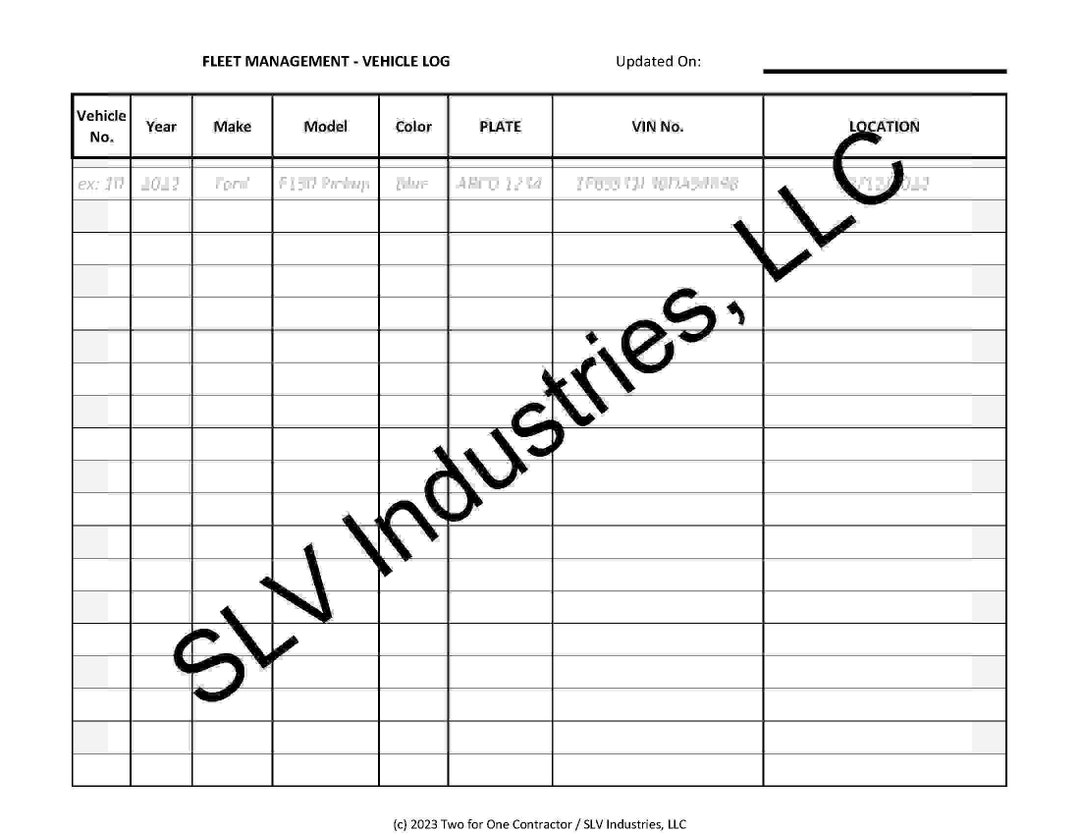 Custom Printable Fleet Management Vehicle ID Log. Construction Truck ...