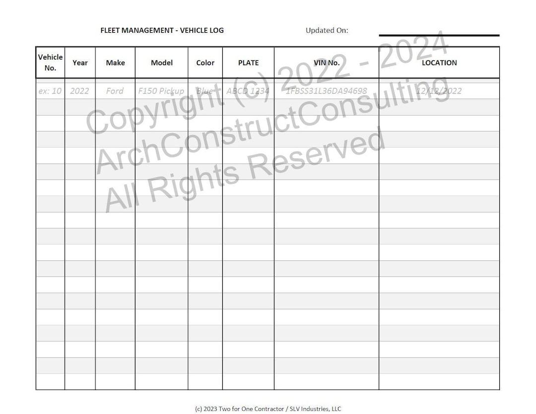 Custom Printable Fleet Management Vehicle ID Log for Construction ...