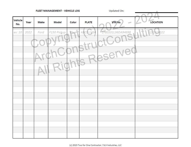 Custom Printable Fleet Management Vehicle ID Log for Construction ...