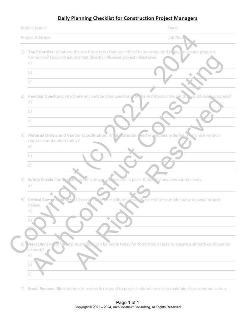 Printable Daily Checklist for Construction Project Managers PDF ...
