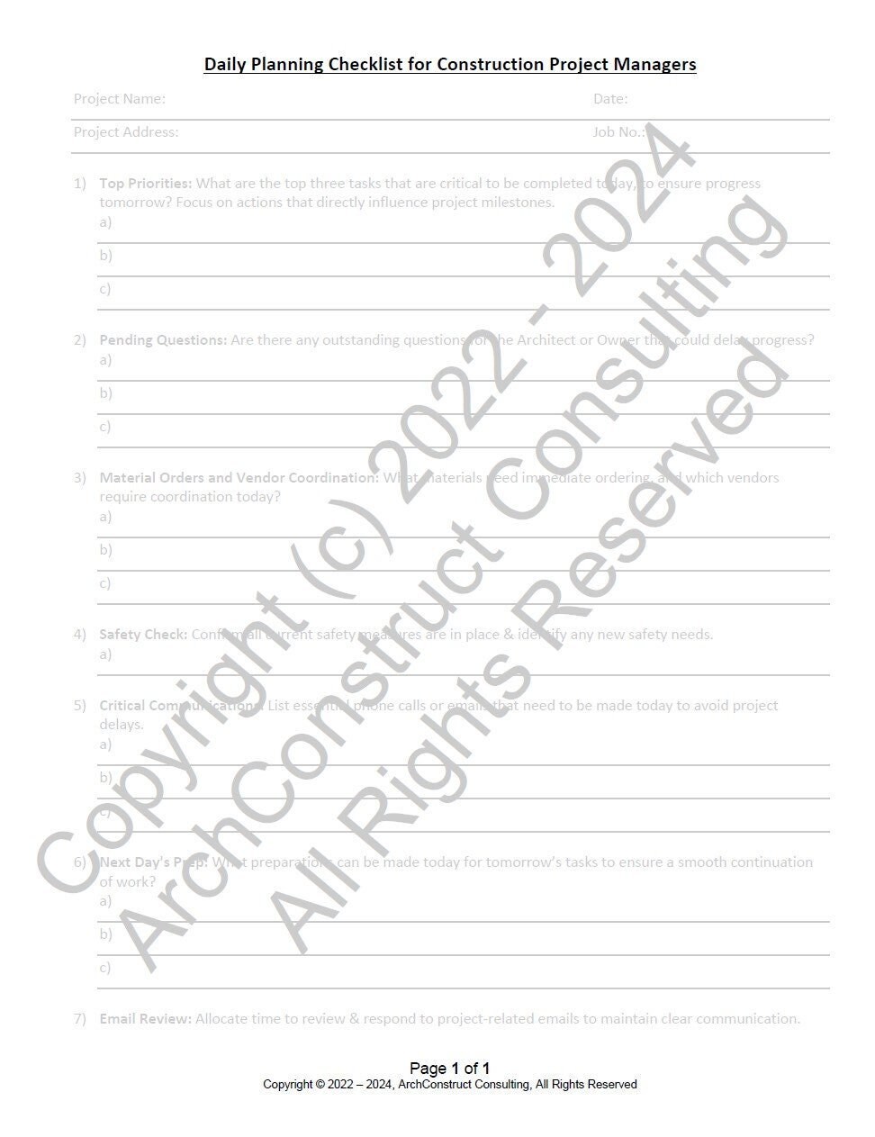 Printable Daily Checklist for Construction Project Managers - PDF ...