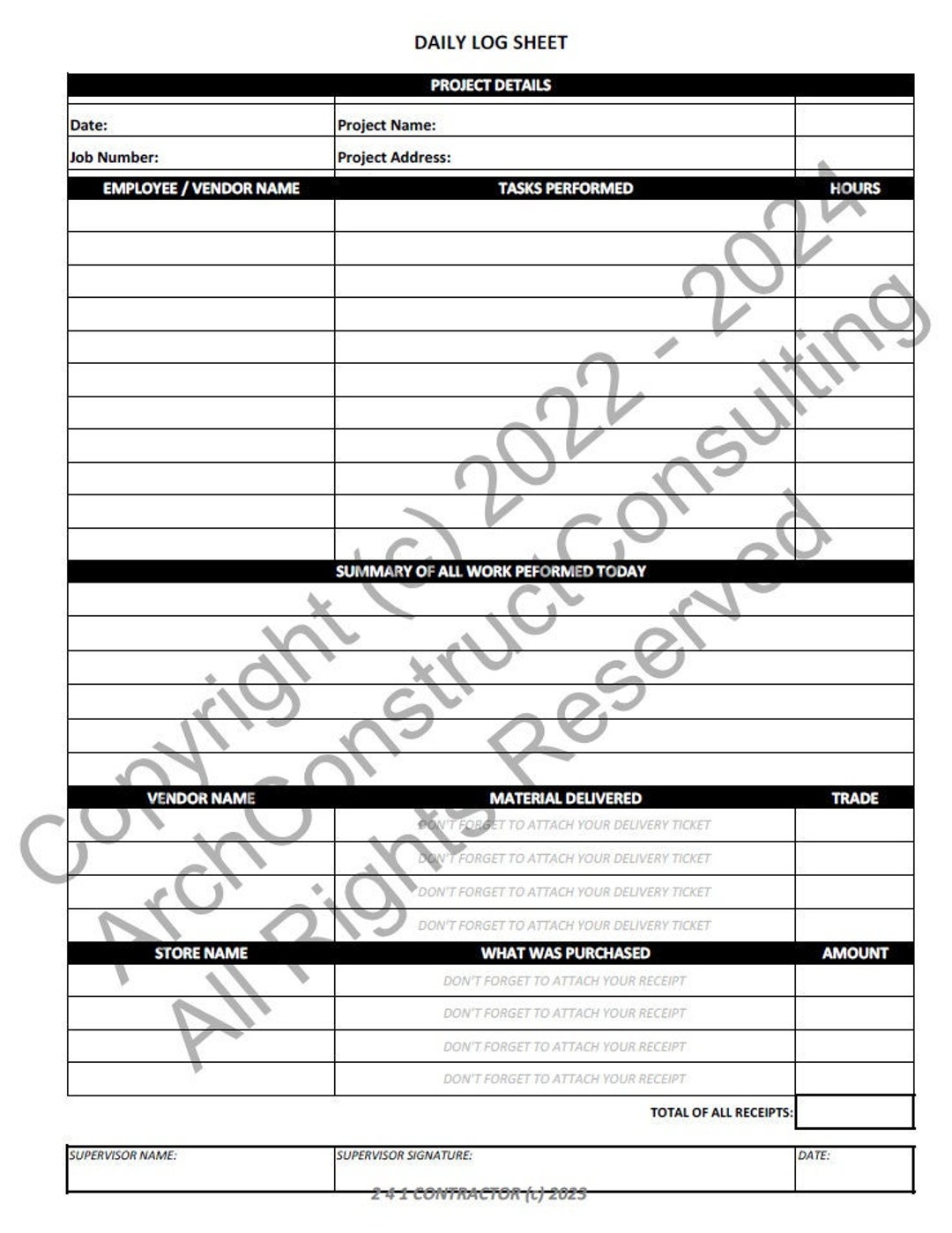 Printable Construction Daily Work Log: Employee Field Sheet for Project ...