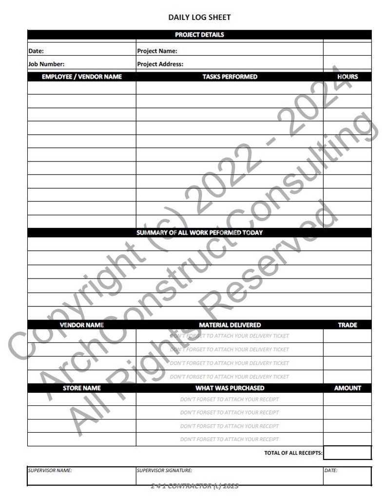 Printable Construction Daily Work Log: Employee Field Sheet for Project ...