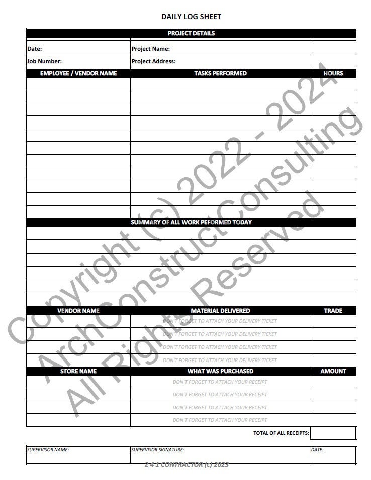 Printable Construction Daily Work Log: Employee Field Sheet for Project ...
