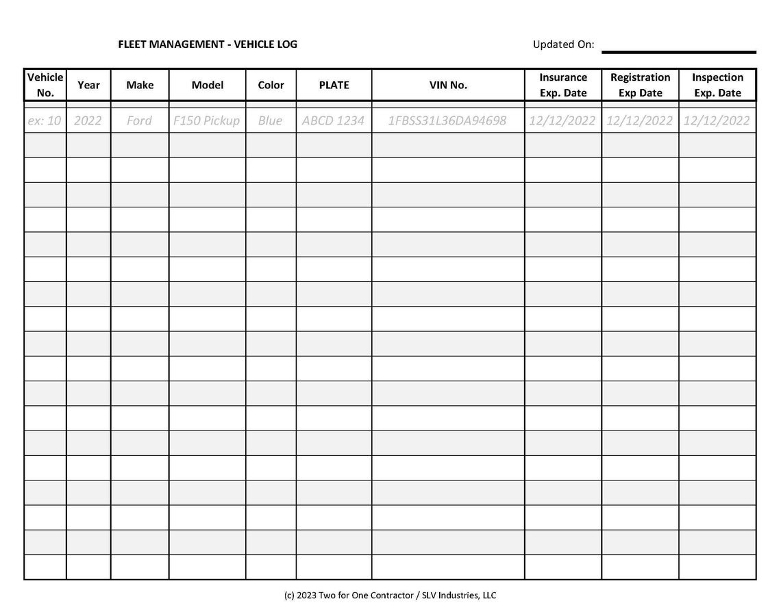 Printable Fleet Management Vehicle ID Log. Construction Truck ...