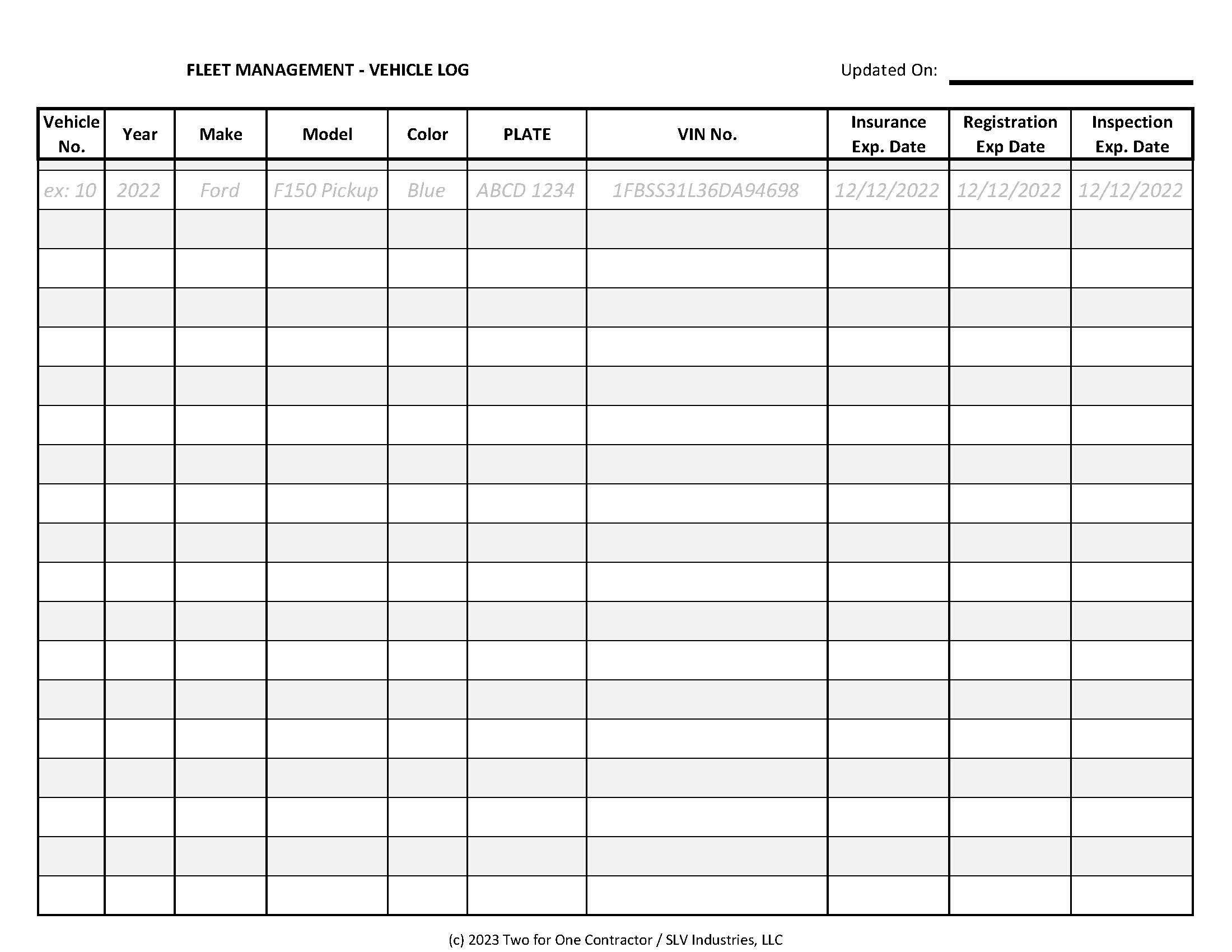 Printable Fleet Management Vehicle ID Log. Construction Truck ...
