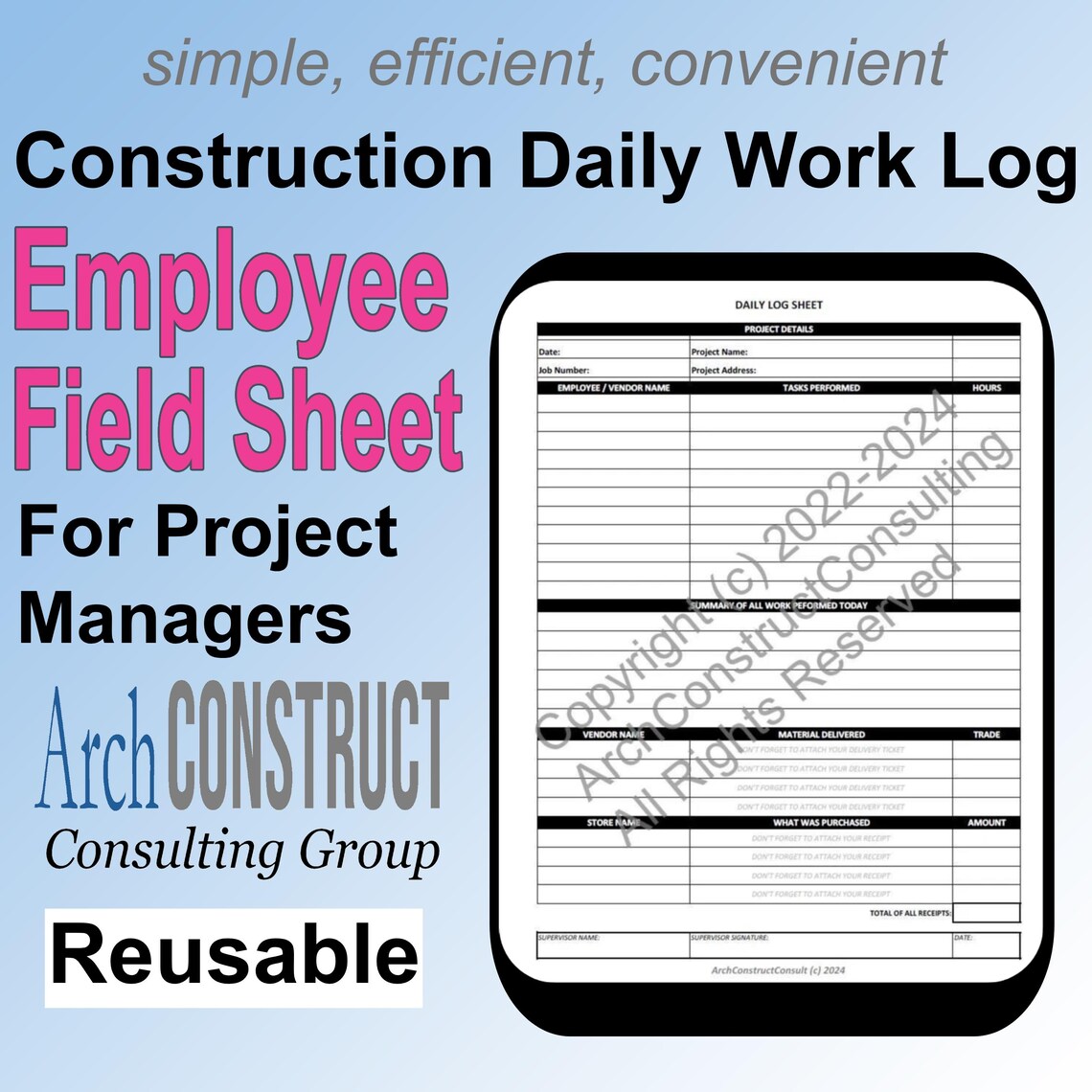 Printable Construction Daily Work Log: Employee Field Sheet for Project ...