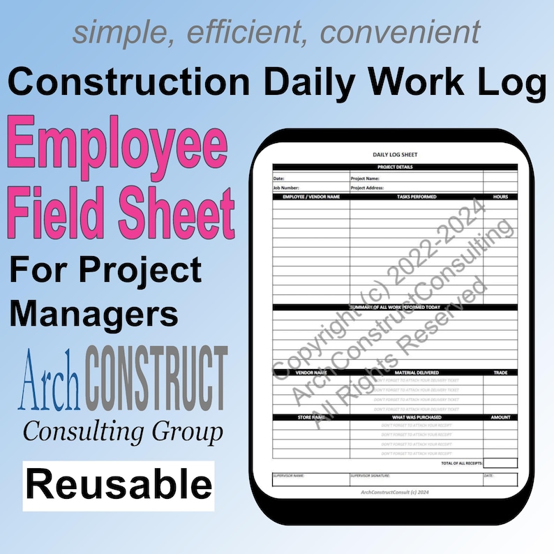 Printable Construction Daily Work Log: Employee Field Sheet for Project ...