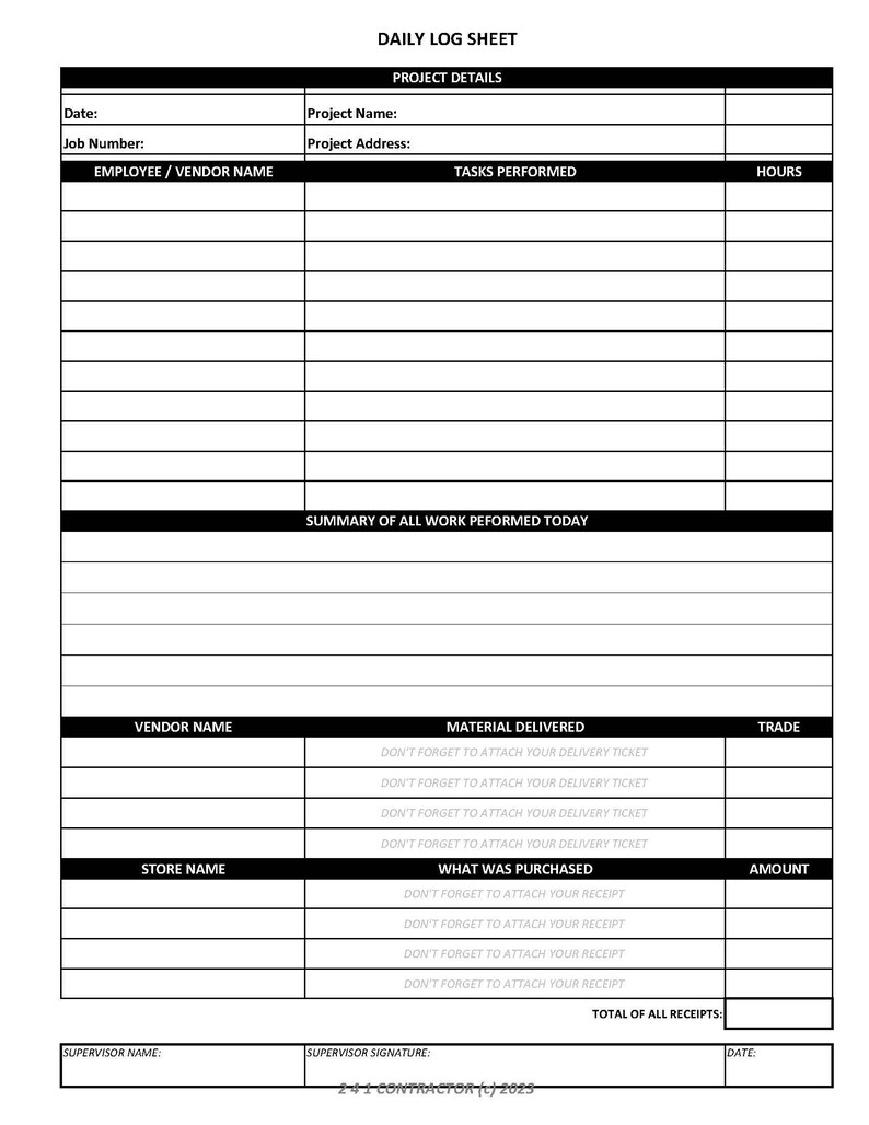 Printable Construction Daily Employee Work Log Field Sheet PDF 2 4 1 ...