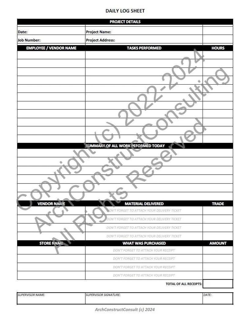 Printable Construction Daily Work Log: Employee Field Sheet for Project ...