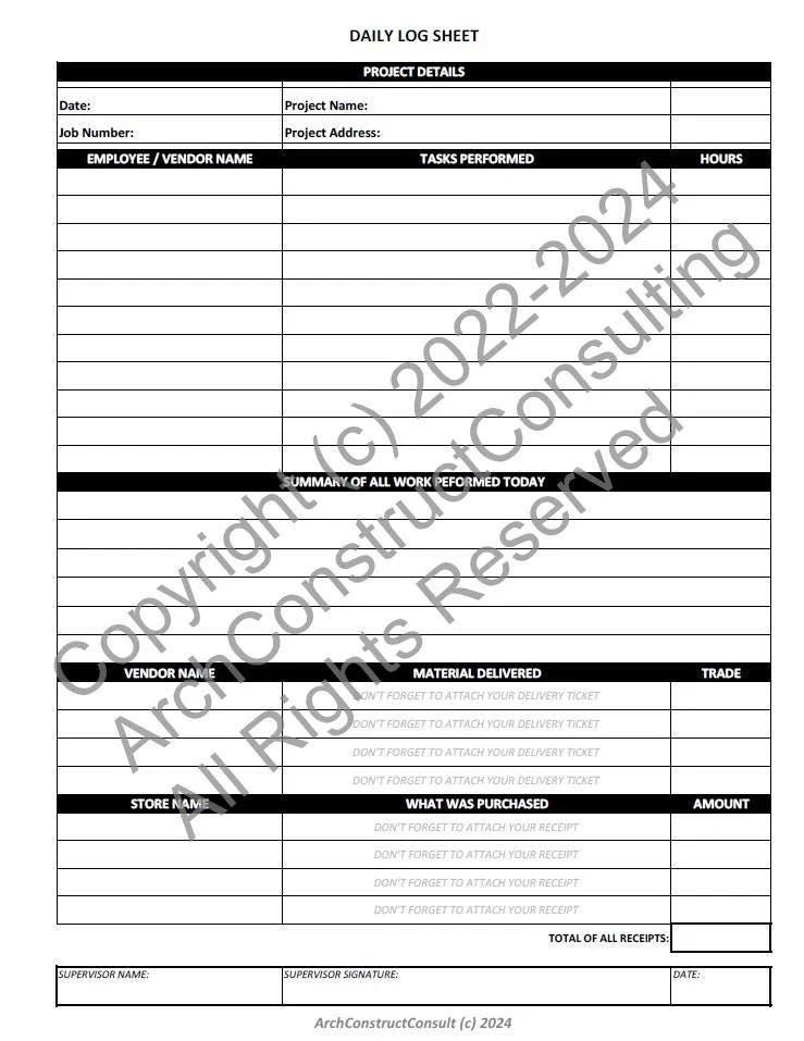 Printable Construction Daily Work Log: Employee Field Sheet for Project ...