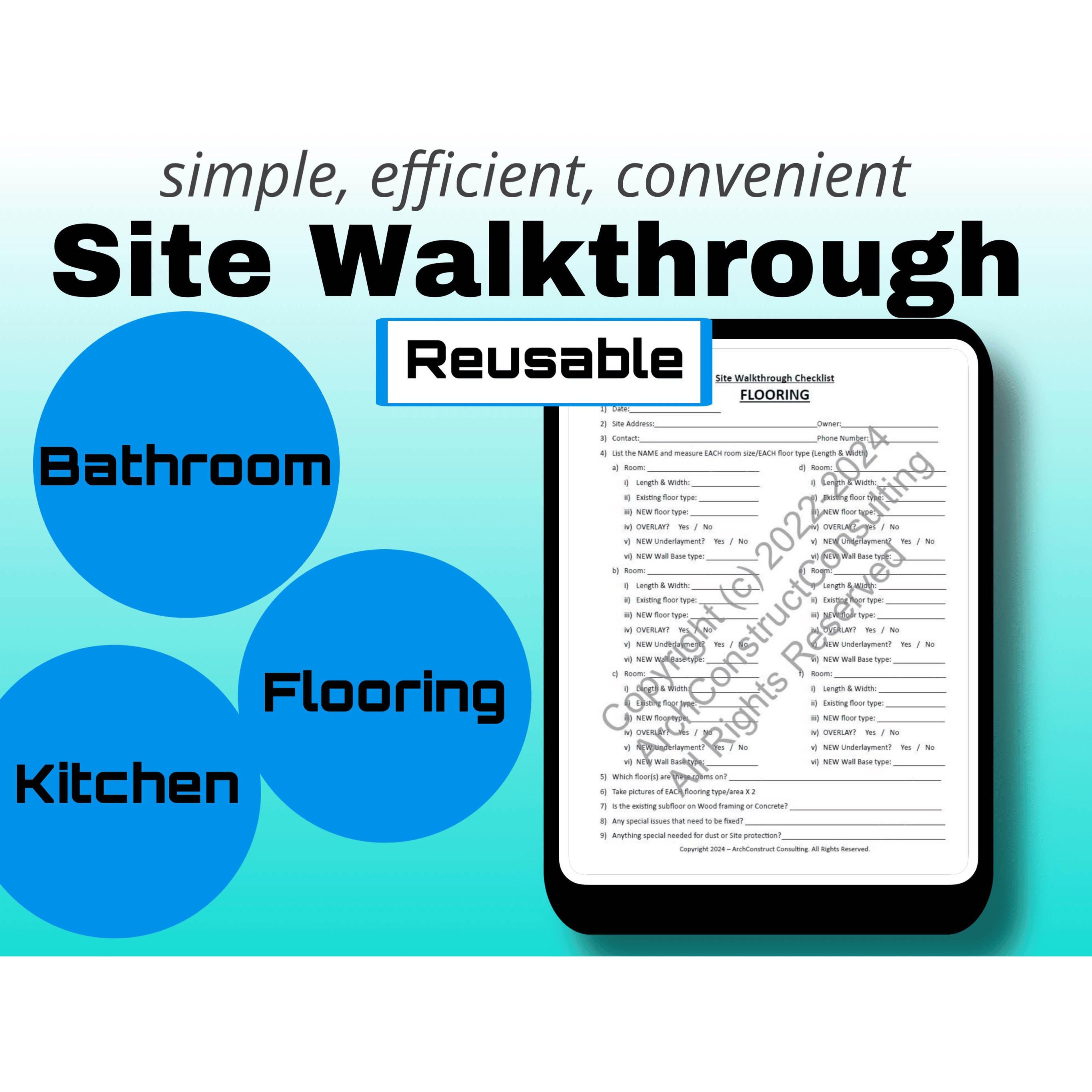Printable Walkthrough Checklist Bundle Flooring, Bathroom & Kitchen Site Surveys Contractor PDF ...