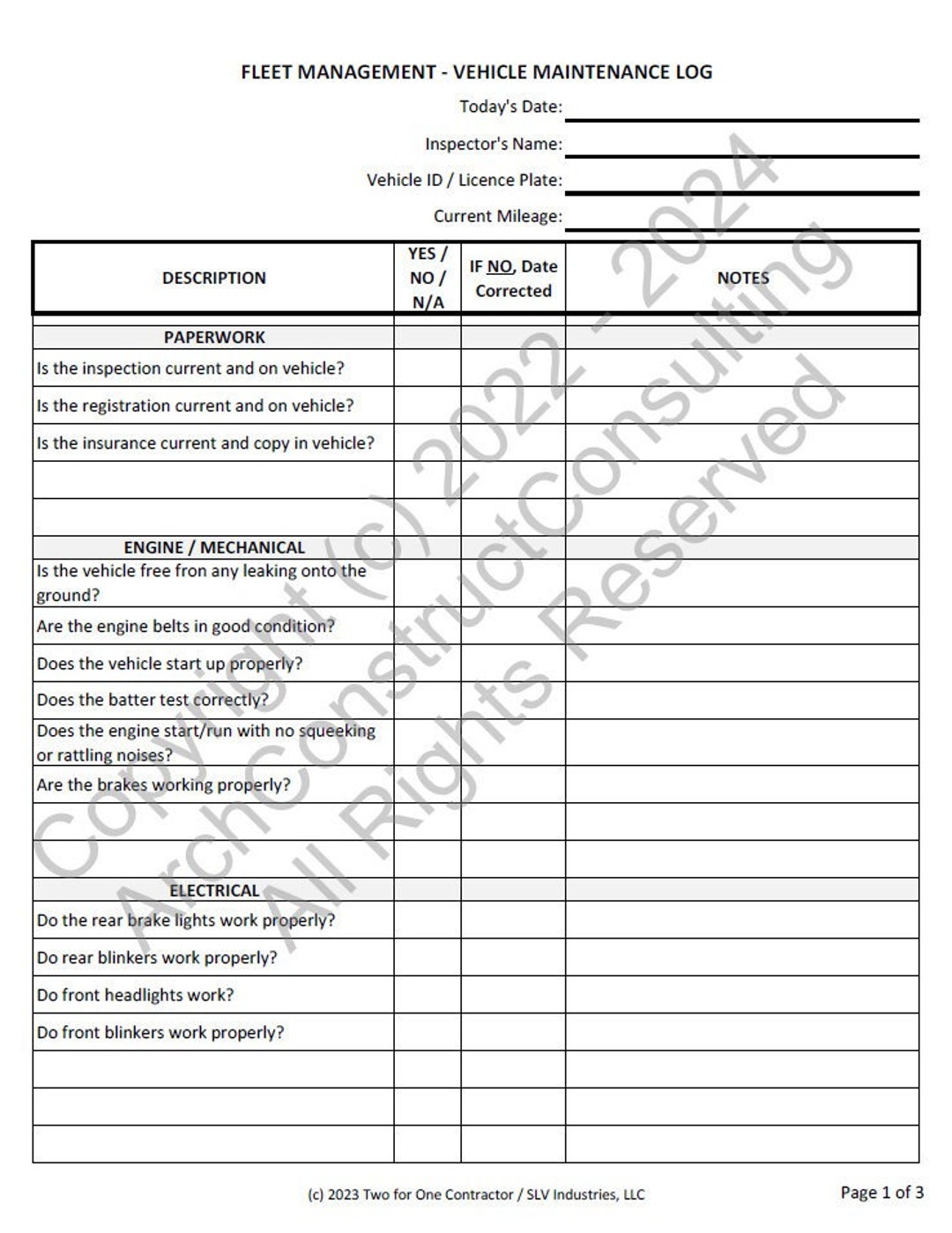 Printable Fleet Management Vehicle Maintenance Log for Construction ...