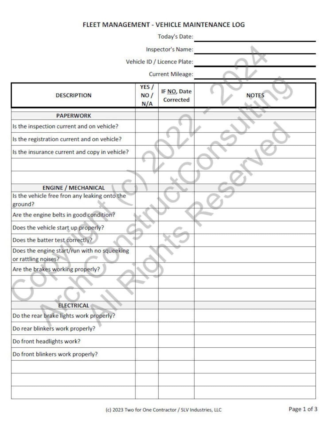 Printable Fleet Management Vehicle Maintenance Log for Construction ...
