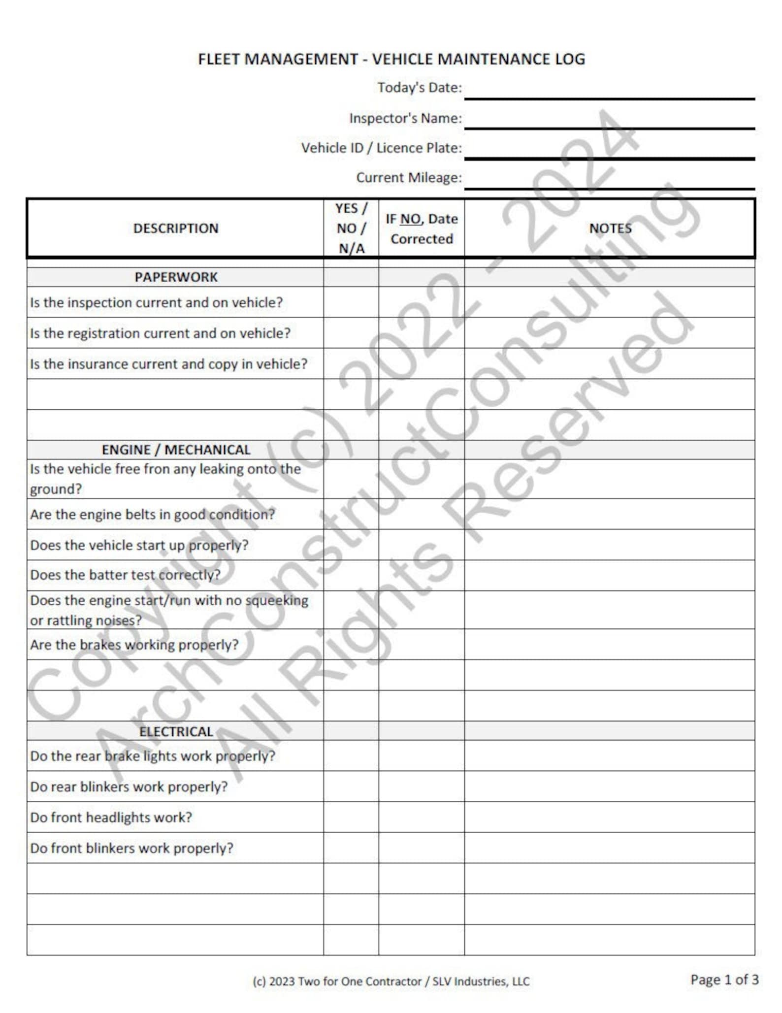 Printable Fleet Management Vehicle Maintenance Log for Construction ...