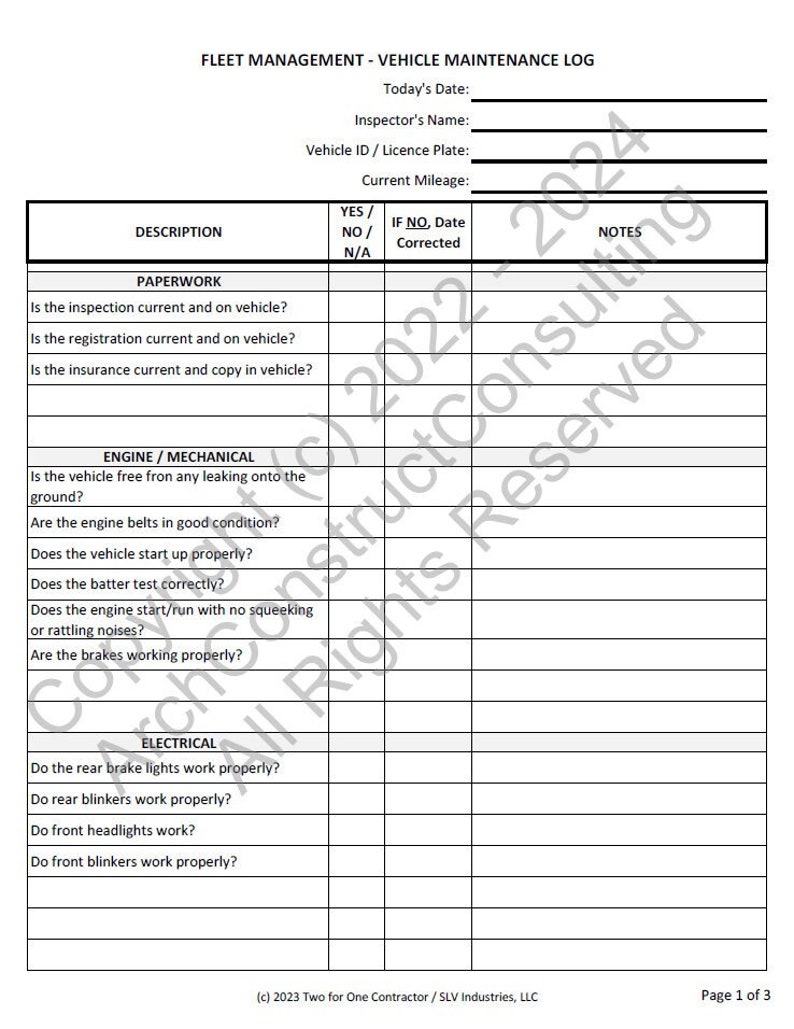 Printable Fleet Management Vehicle Maintenance Log for Construction ...