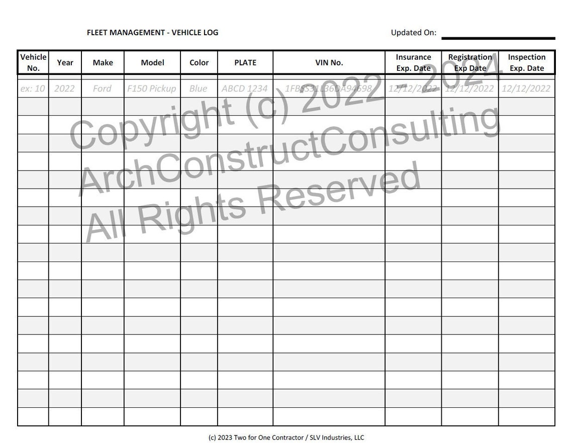 Printable Fleet Management Vehicle ID Log for Construction Trucks PDF ...