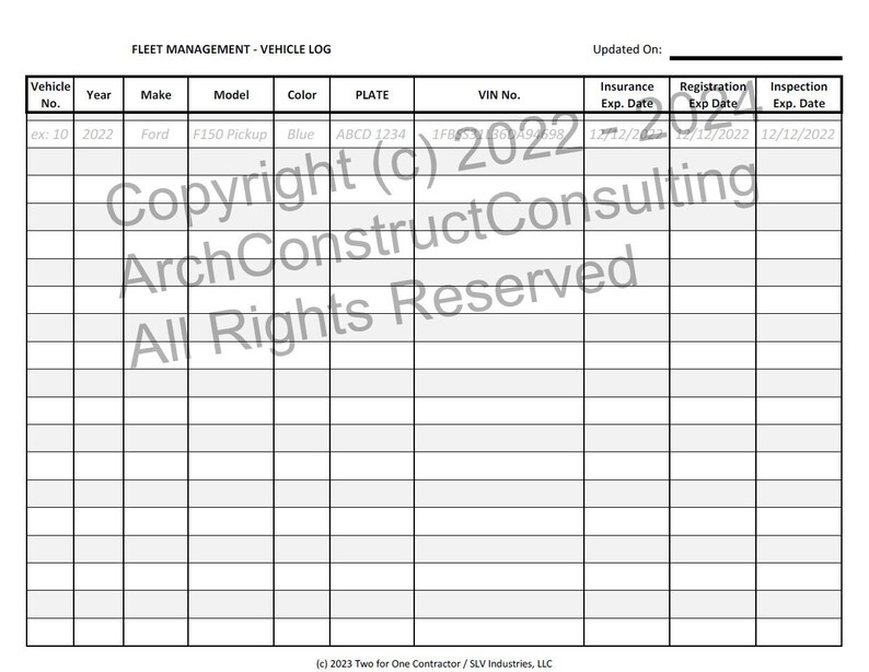 Printable Fleet Management Vehicle ID Log for Construction Trucks PDF ...