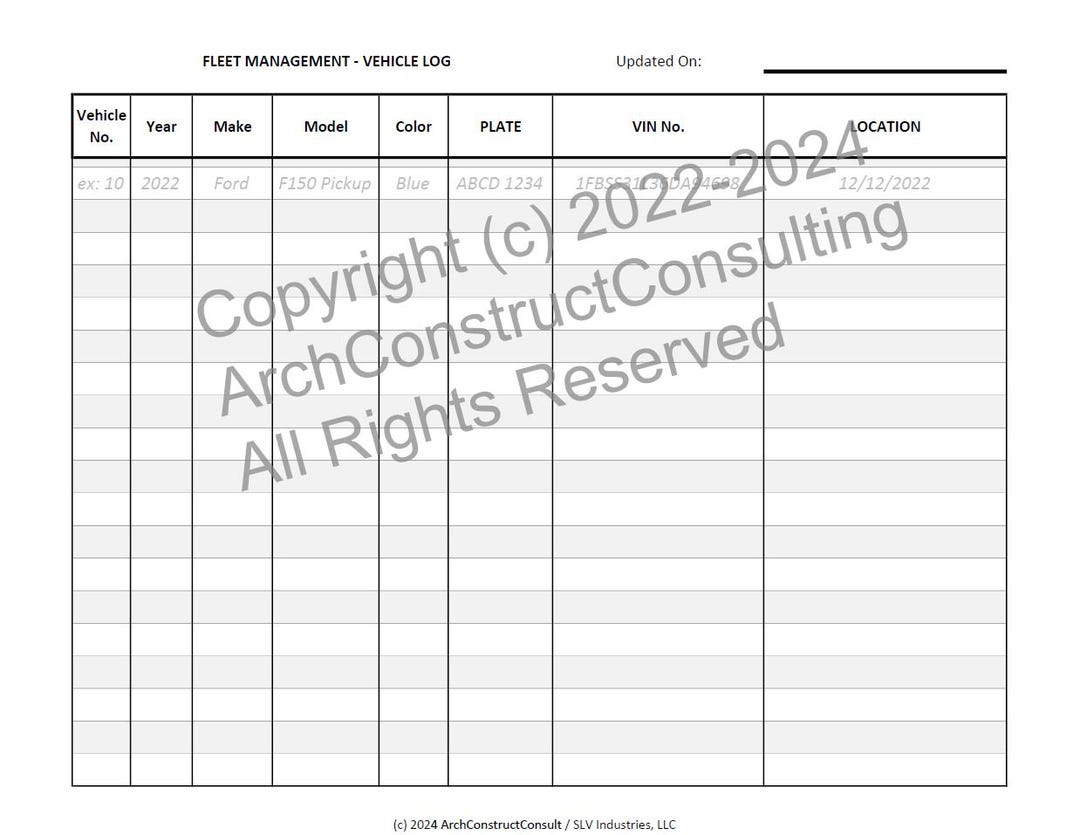 Custom Printable Fleet Management - Vehicle ID Log for Construction ...