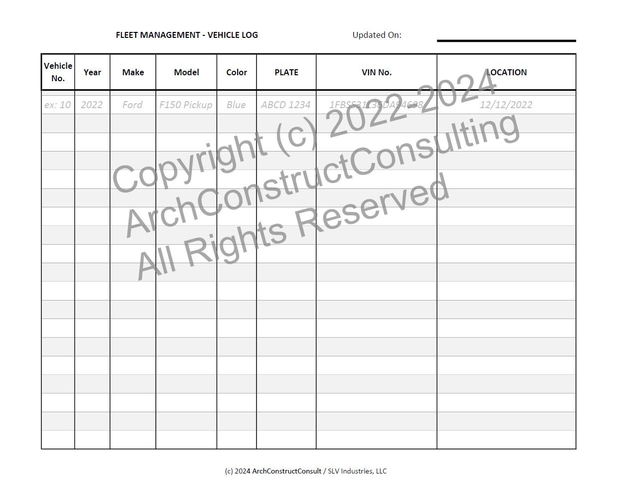 Custom Printable Fleet Management - Vehicle ID Log for Construction ...