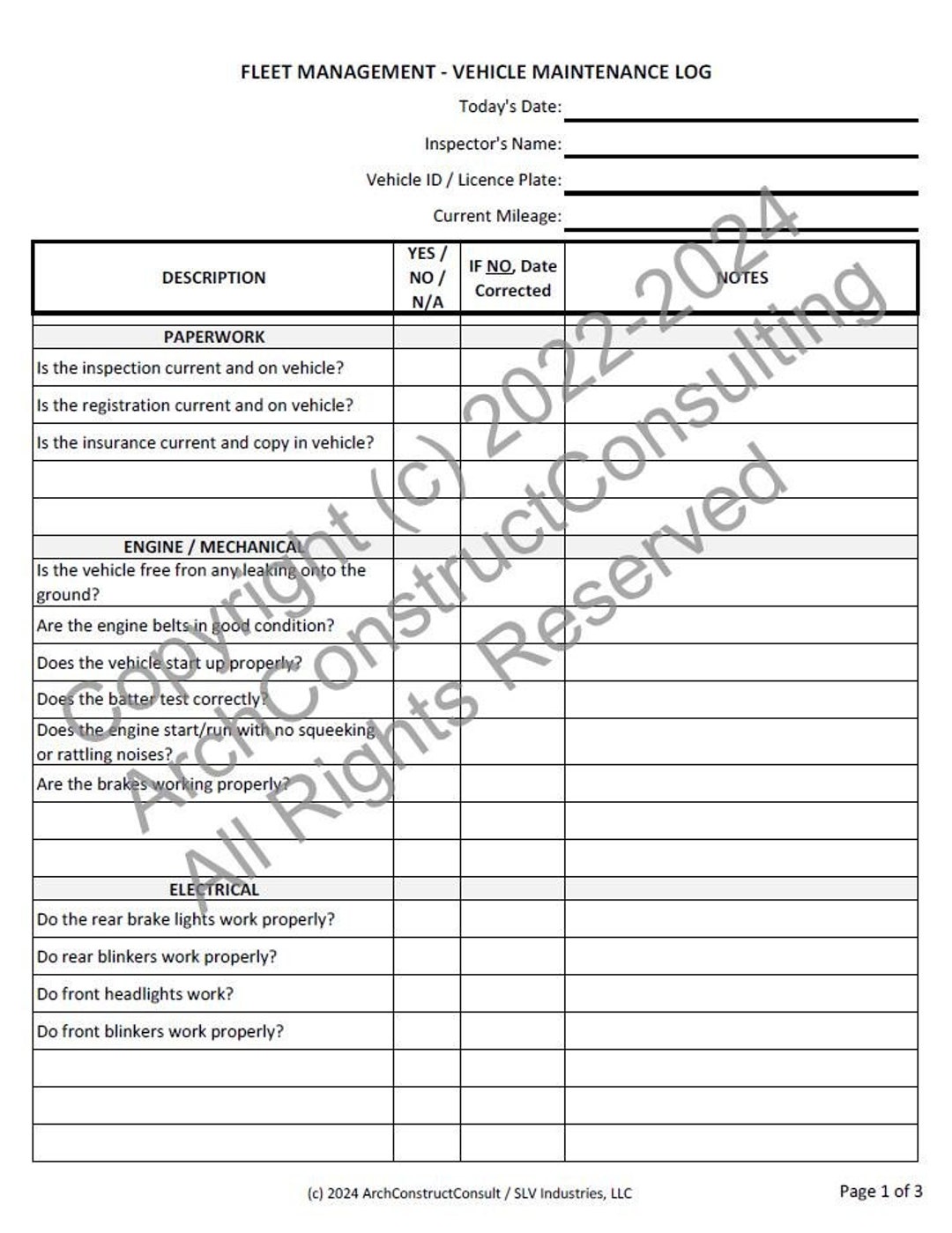 Printable Fleet Management - Vehicle Maintenance Log for Construction ...