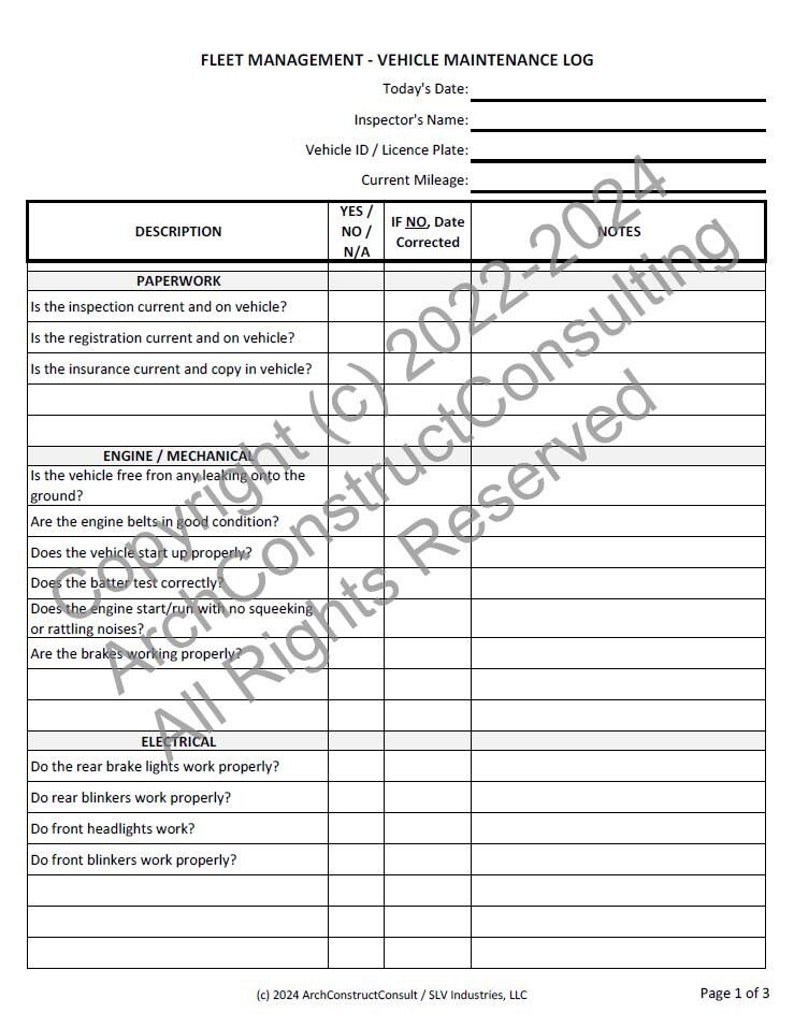 Printable Fleet Management - Vehicle Maintenance Log for Construction ...