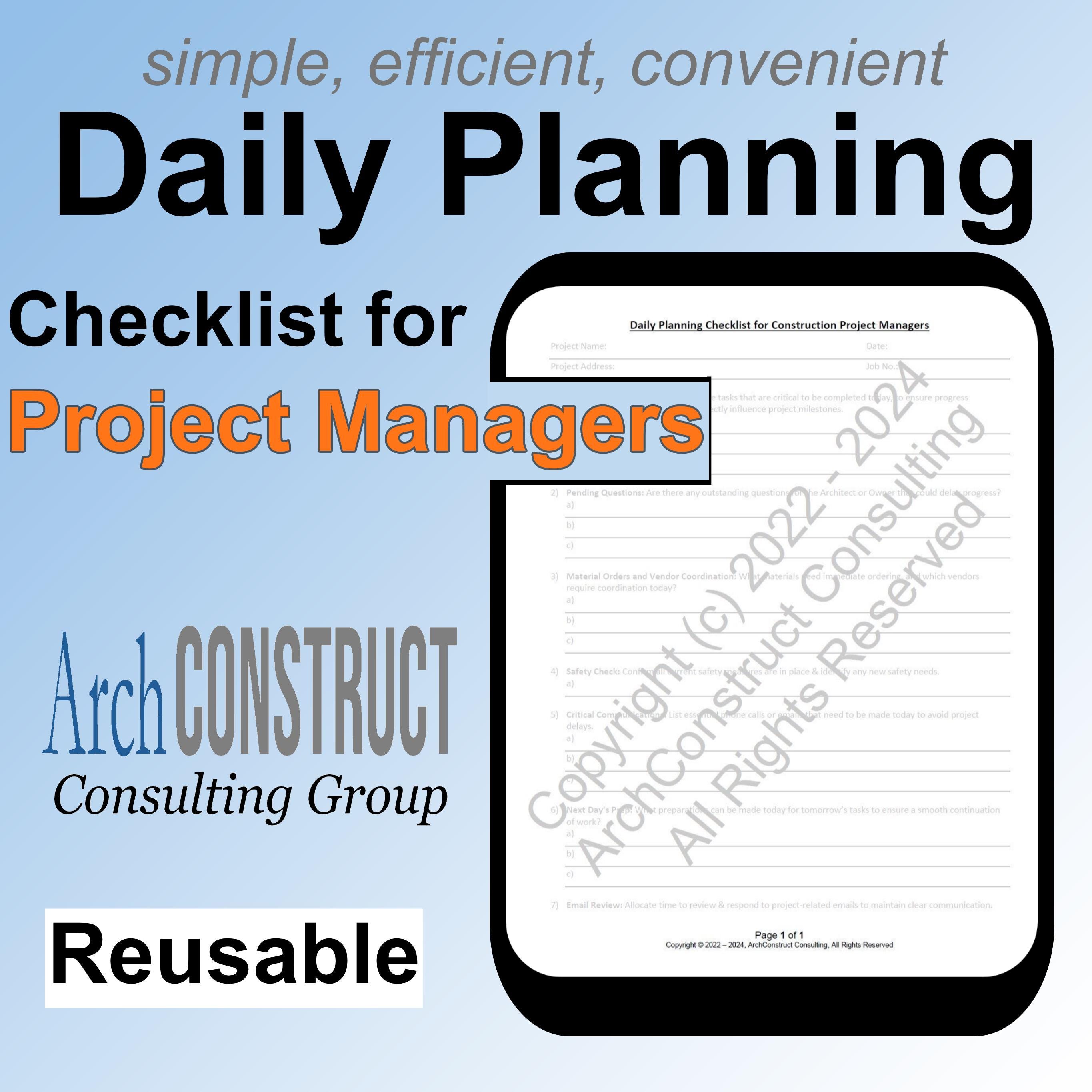 Printable Daily Checklist for Construction Project Managers - PDF ...
